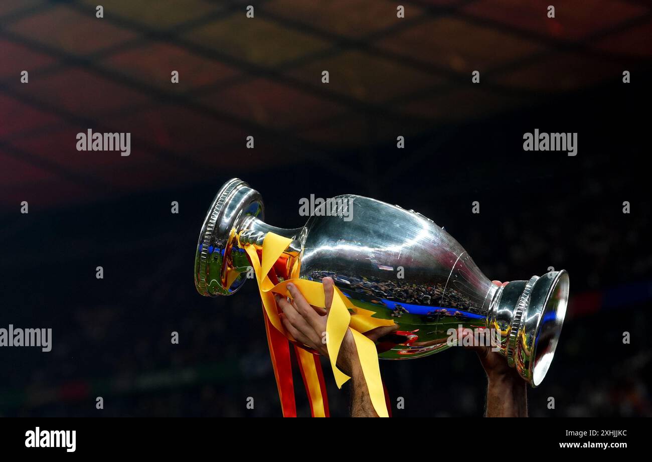 The Henri Delaunay Cup is lifted into the air after the UEFA Euro 2024 ...