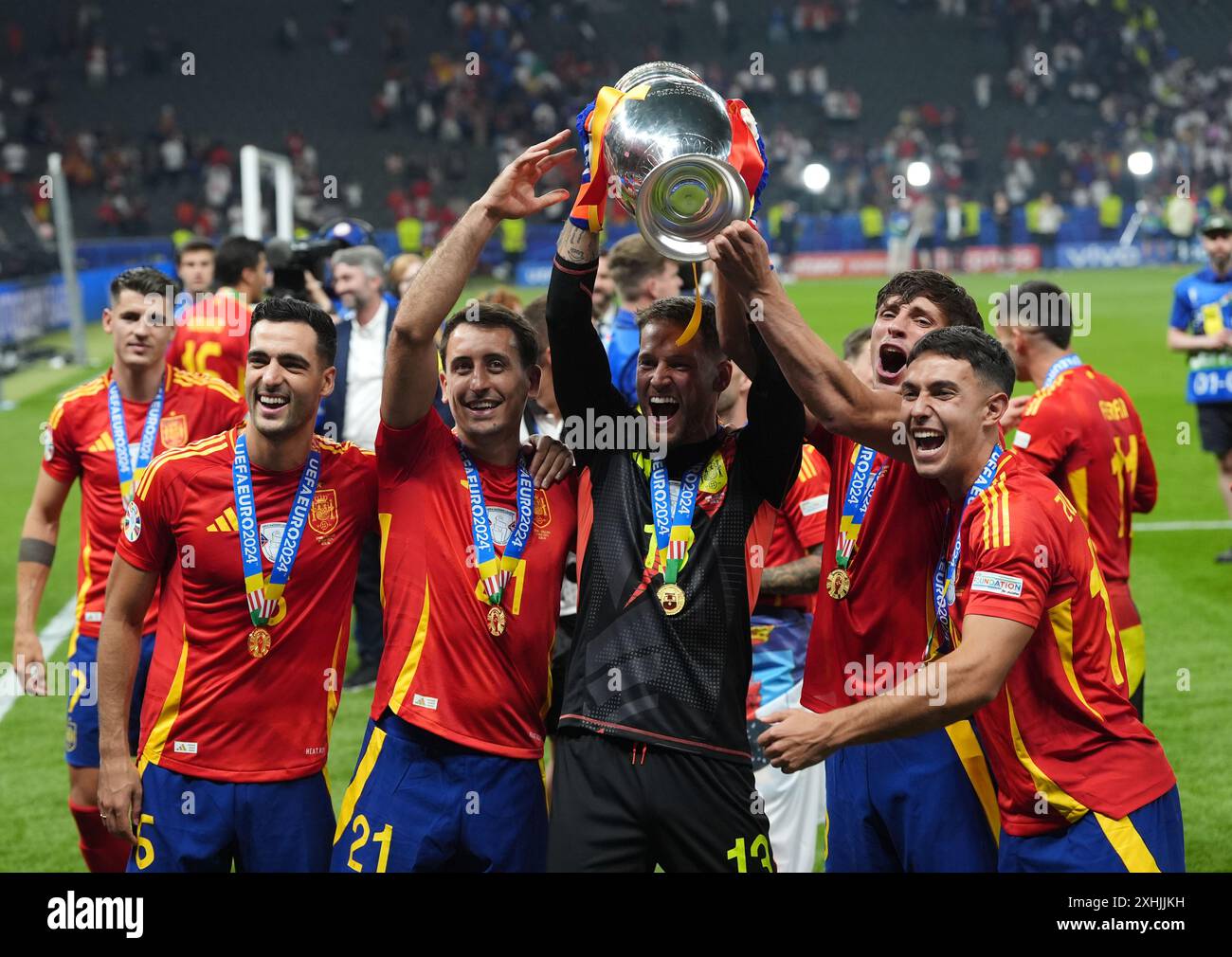 (Left to right) Spain's Mikel Merino, Mikel Oyarzabal, Alejandro Remiro ...