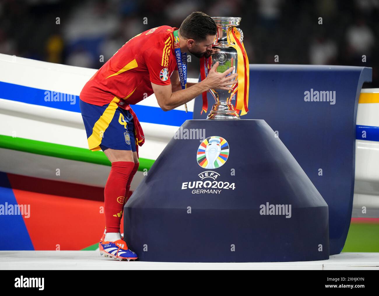 Spain's Nacho Fernandez kisses the Henri Delaunay Cup after the UEFA ...