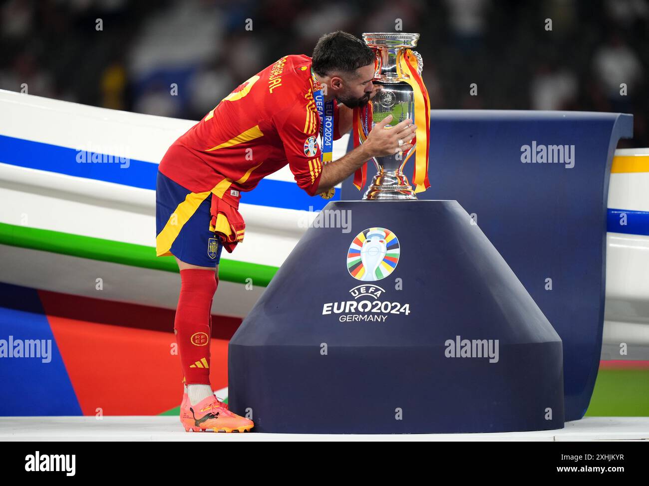 Spain's Daniel Carvajal kisses the Henri Delaunay Cup after the UEFA ...