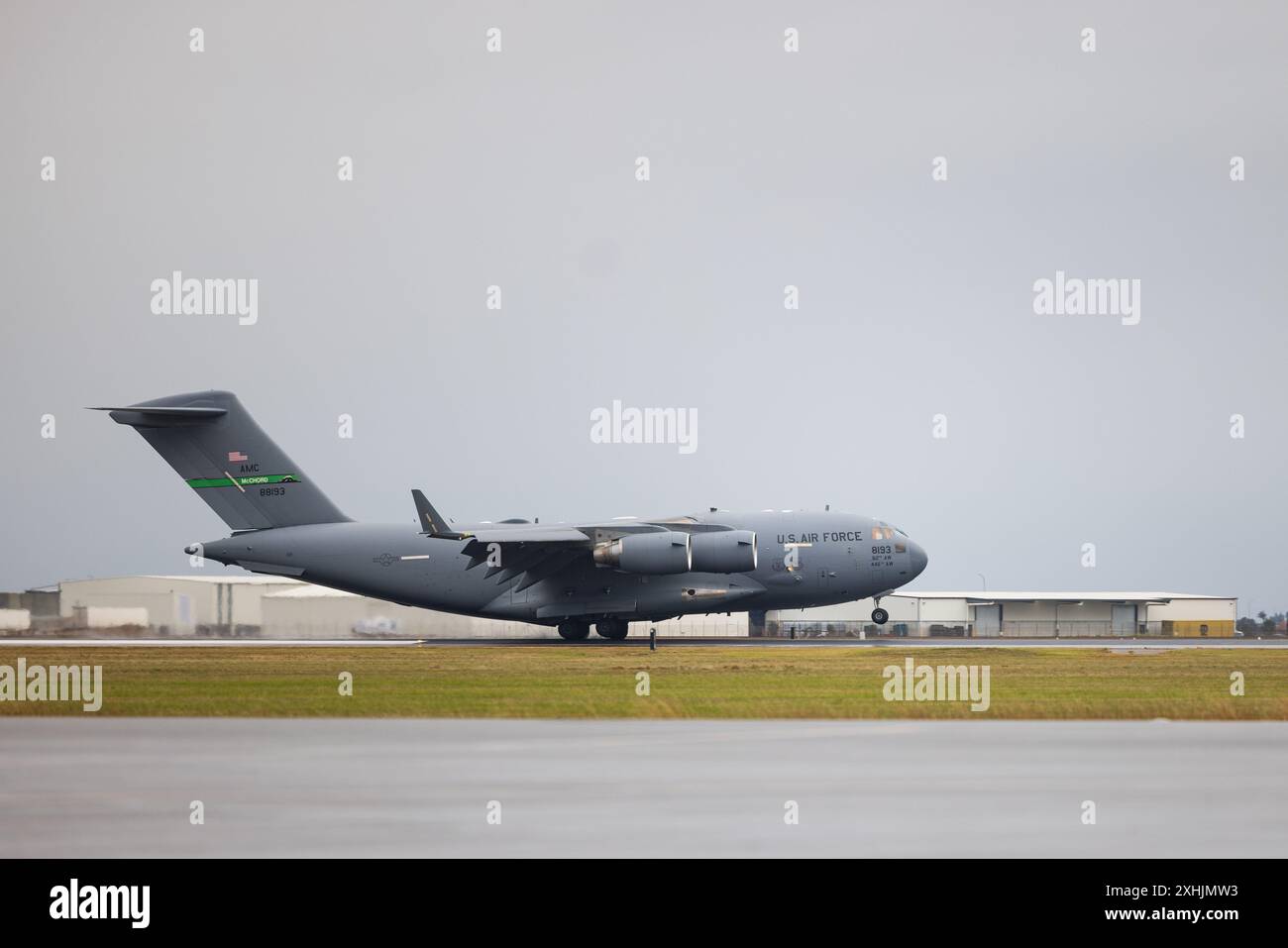 A U.S. Air Force C-17 Globemaster III assigned to 446th Airlift Wing lands at Royal Australian ...