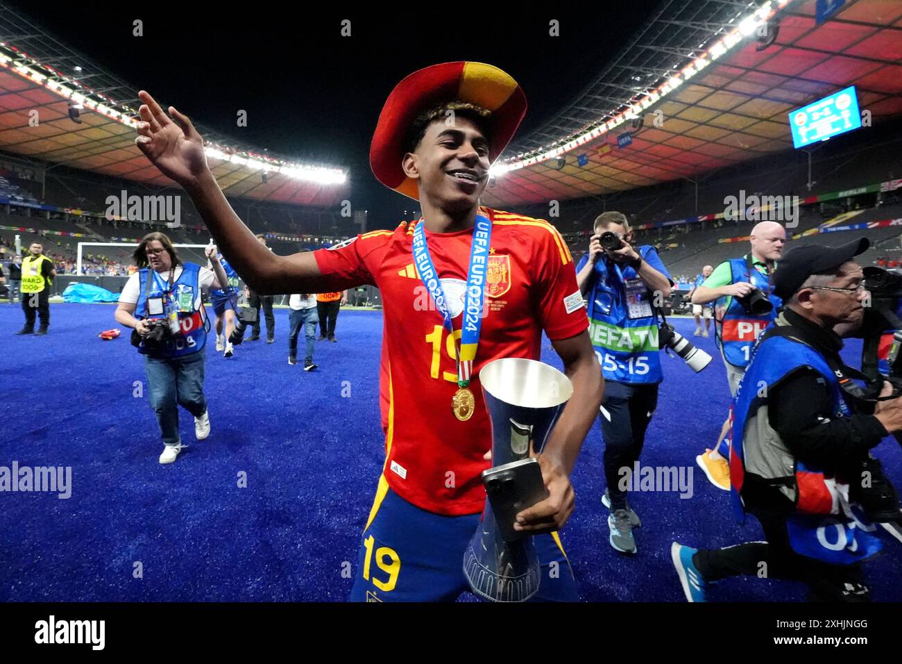 Spain’s Lamine Yamal celebrates after the UEFA Euro 2024 final match at ...