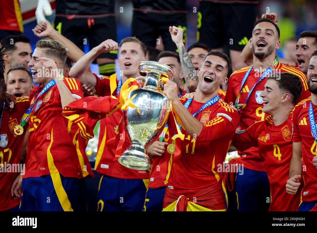 Spain’s Ferran Torres celebrates with the trophy after the UEFA Euro ...
