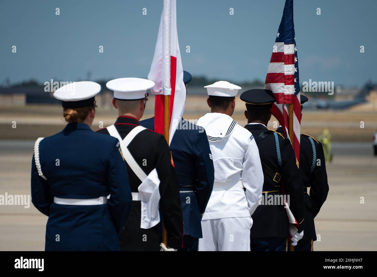 The Joint Armed Forces Color Guard stand in formation on the flight ...