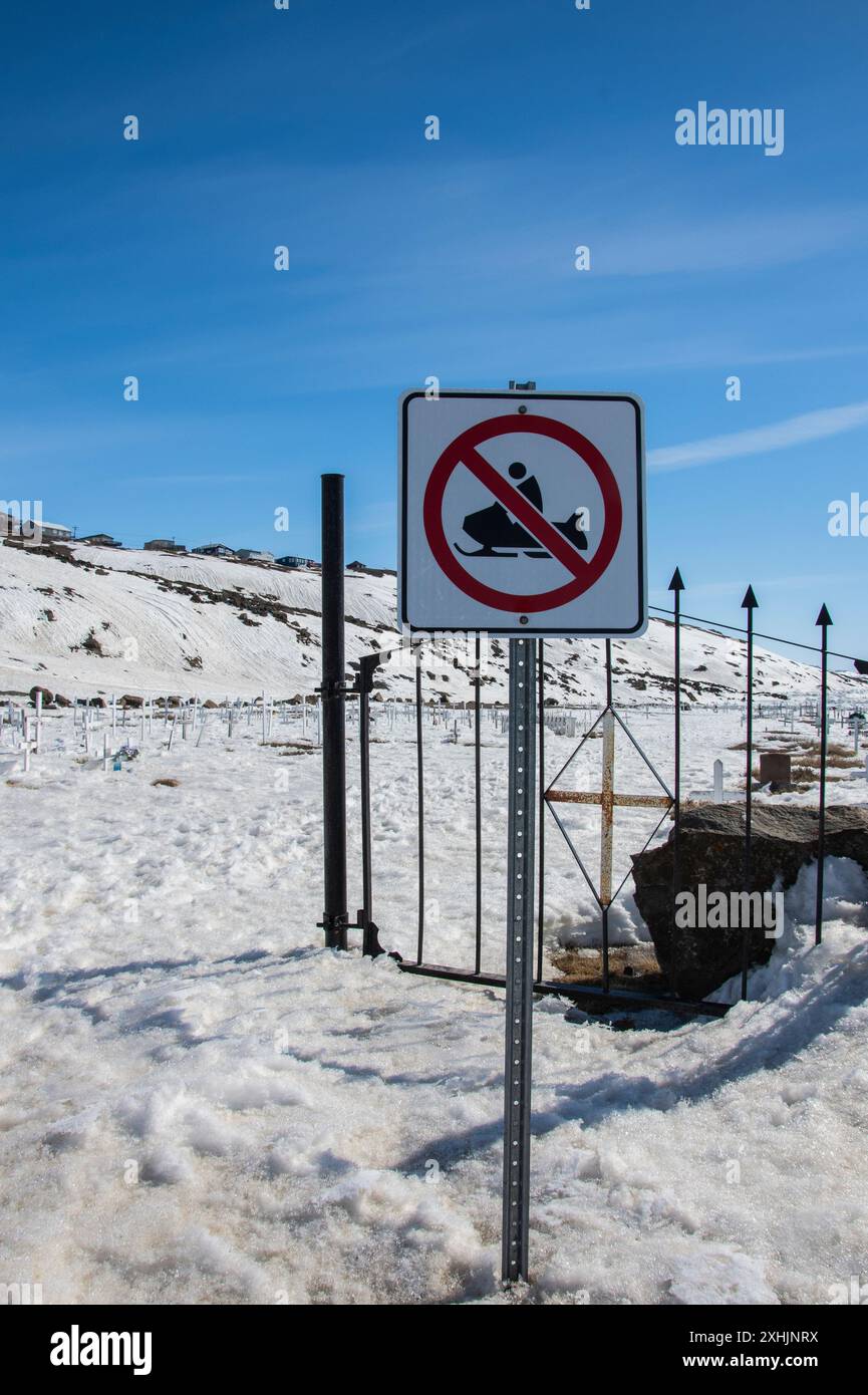 No snowmobiling sign at the Iqaluit Cemetery on Nipisa Street in ...