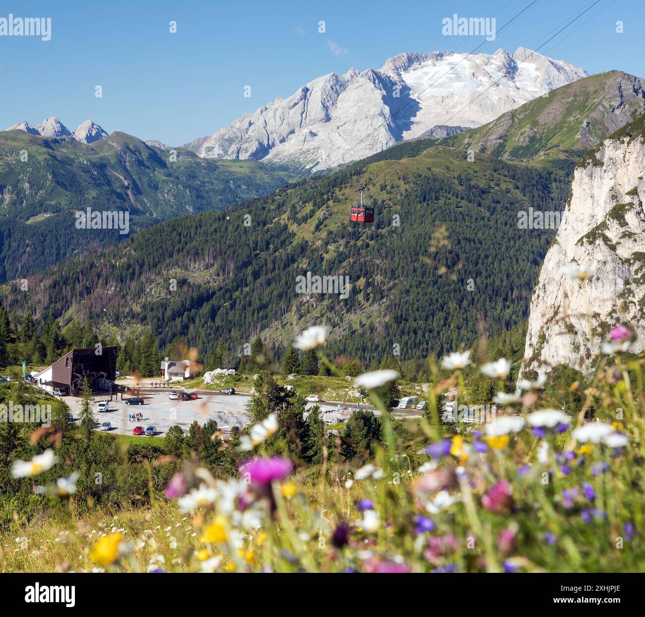 Mount Matmolada and rope way, Dolomites mountains, Italy Stock Photo ...