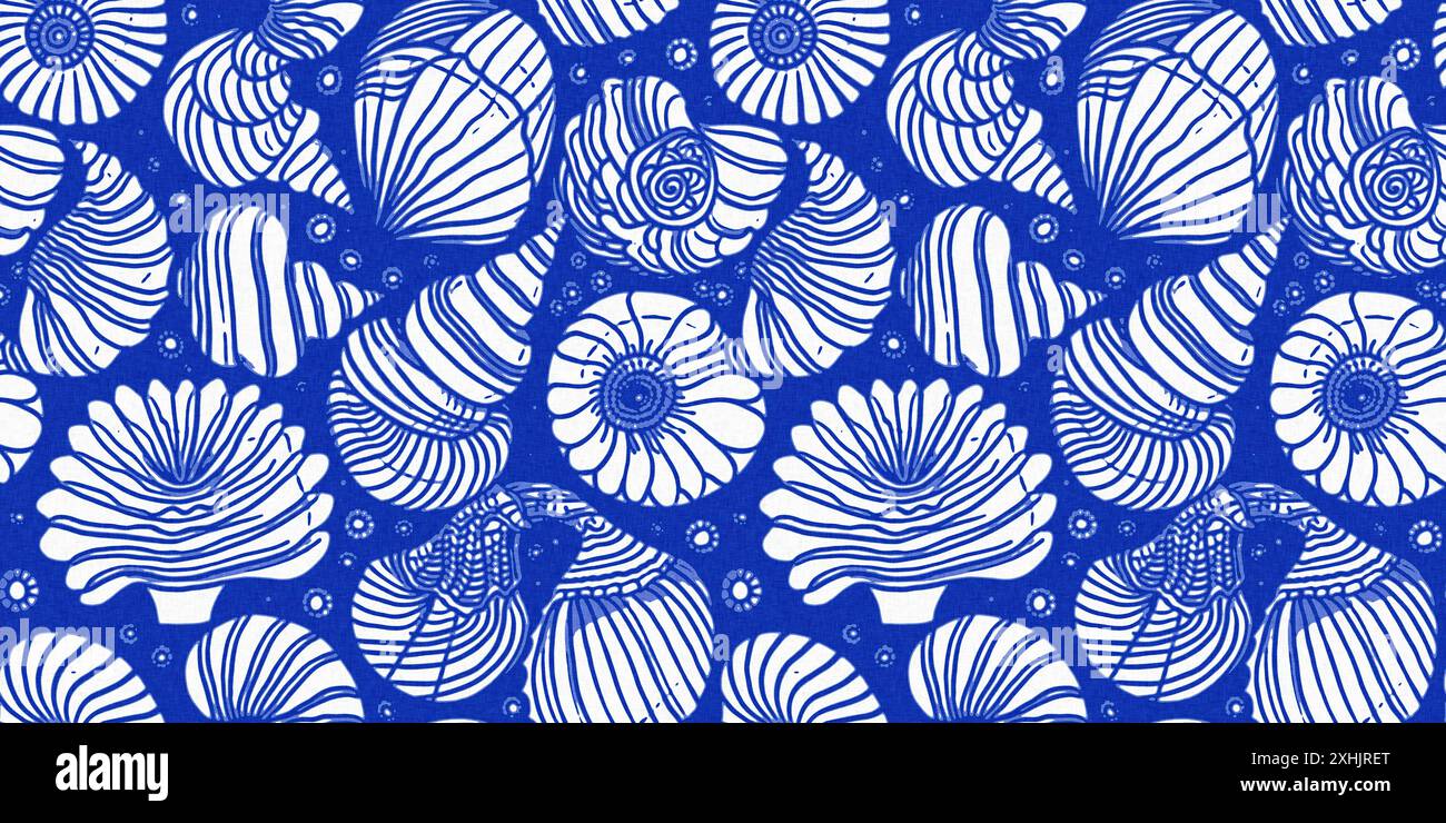Azure blue white shell motif with linen seamless batik border ...