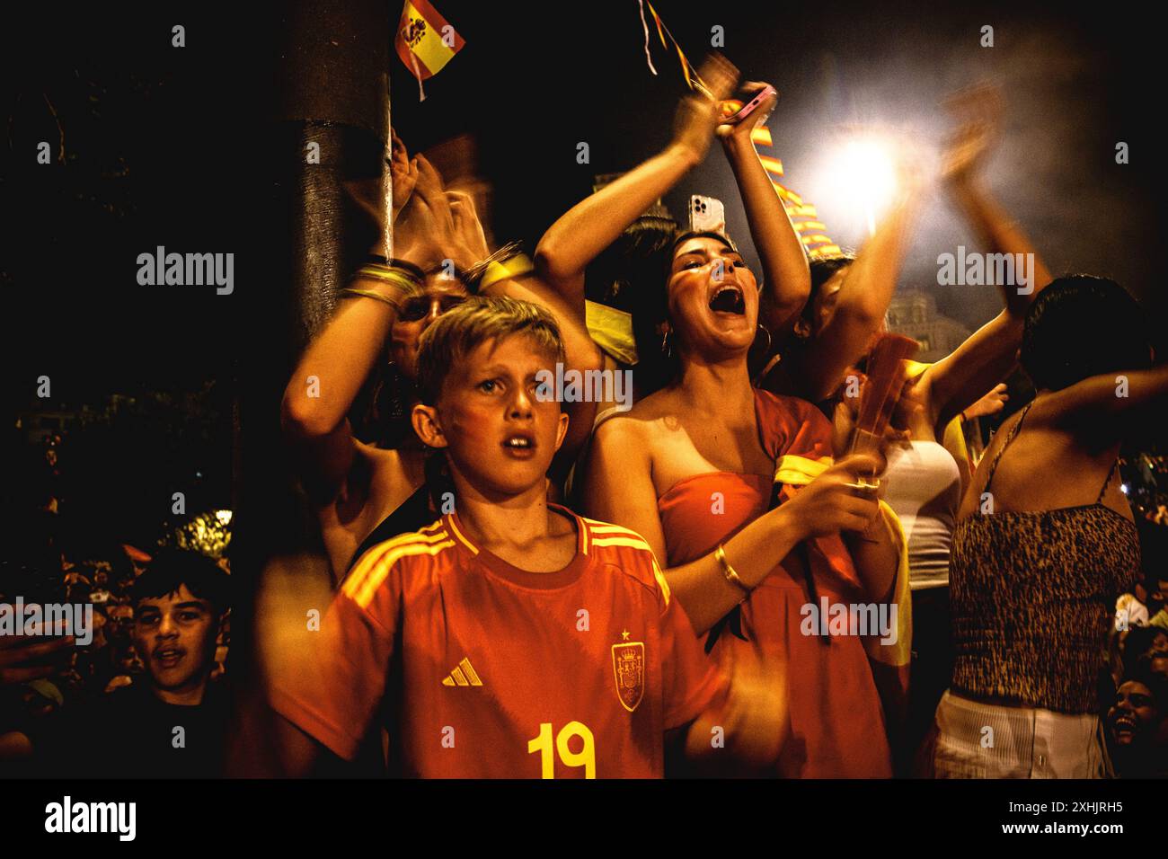 Barcelona, Spain. 14th July, 2024. Spanish fans celebrate the victory ...
