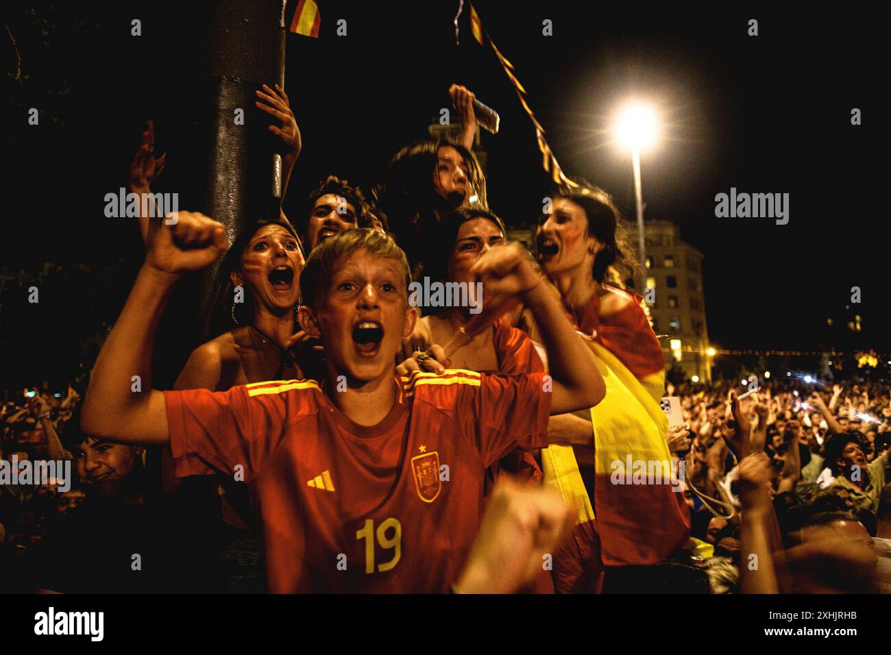 Barcelona, Spain. 14th July, 2024. Spanish fans celebrate a goal ...