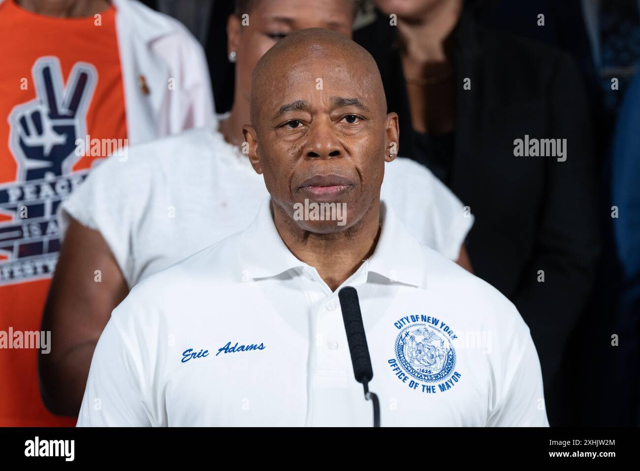 Mayor Eric Adams speaks at City Hall in New York on July 14, 2024 ...