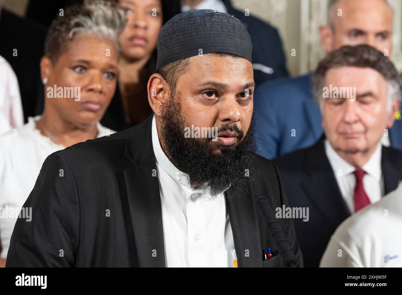 Imam Ahmed Ali Uzir speaks at City Hall in New York on July 14, 2024 ...