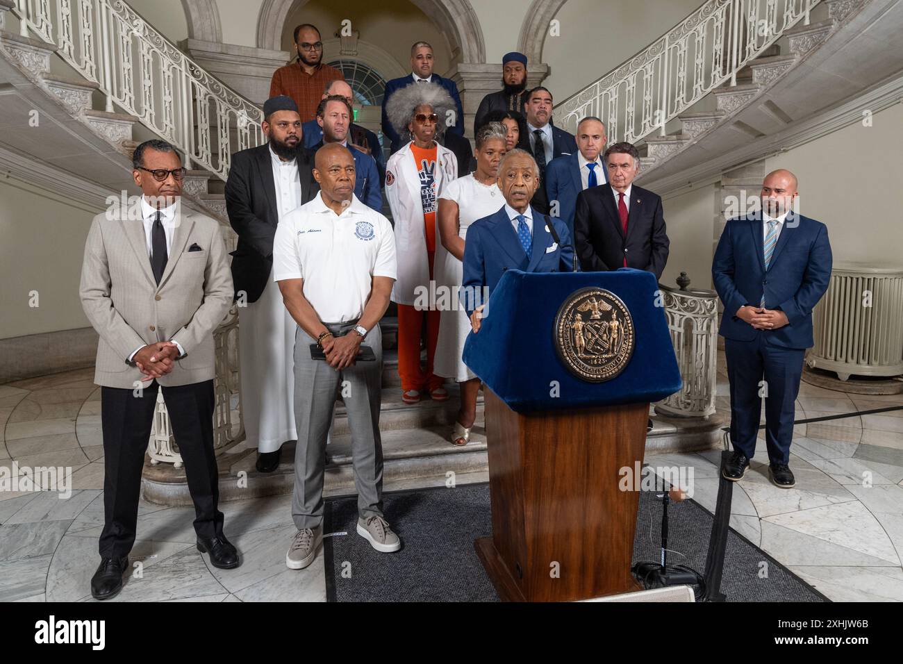 Reverend Al Sharpton speaks at City Hall in New York on July 14, 2024 ...