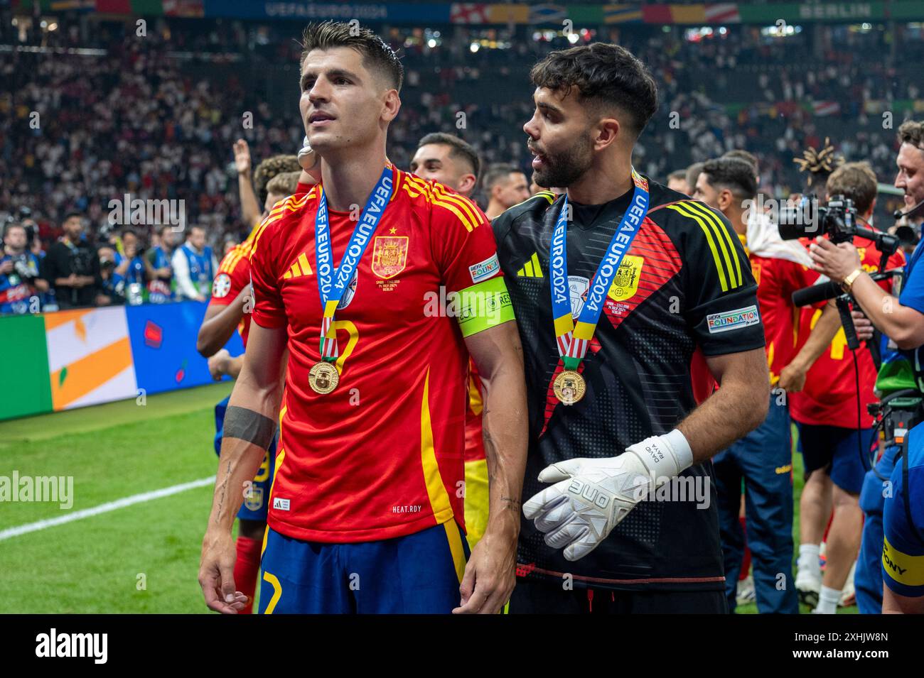 Berlin, Germany. 14th July, 2024. Alvaro Morata of Spain and David Raya ...