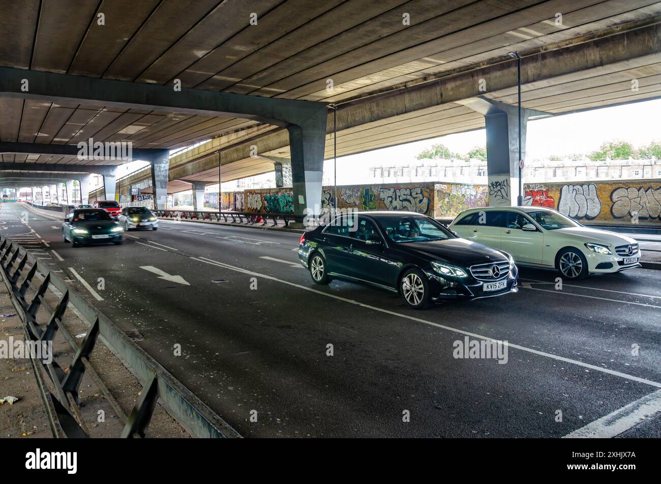 Cars driving on the lower deck of The Westway, a main road in the west ...