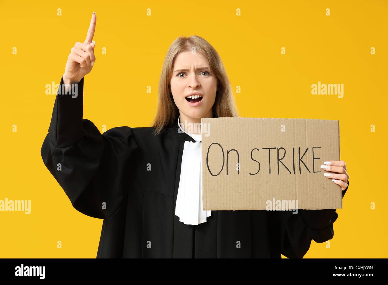 Protesting female judge holding placard with text ON STRIKE and ...