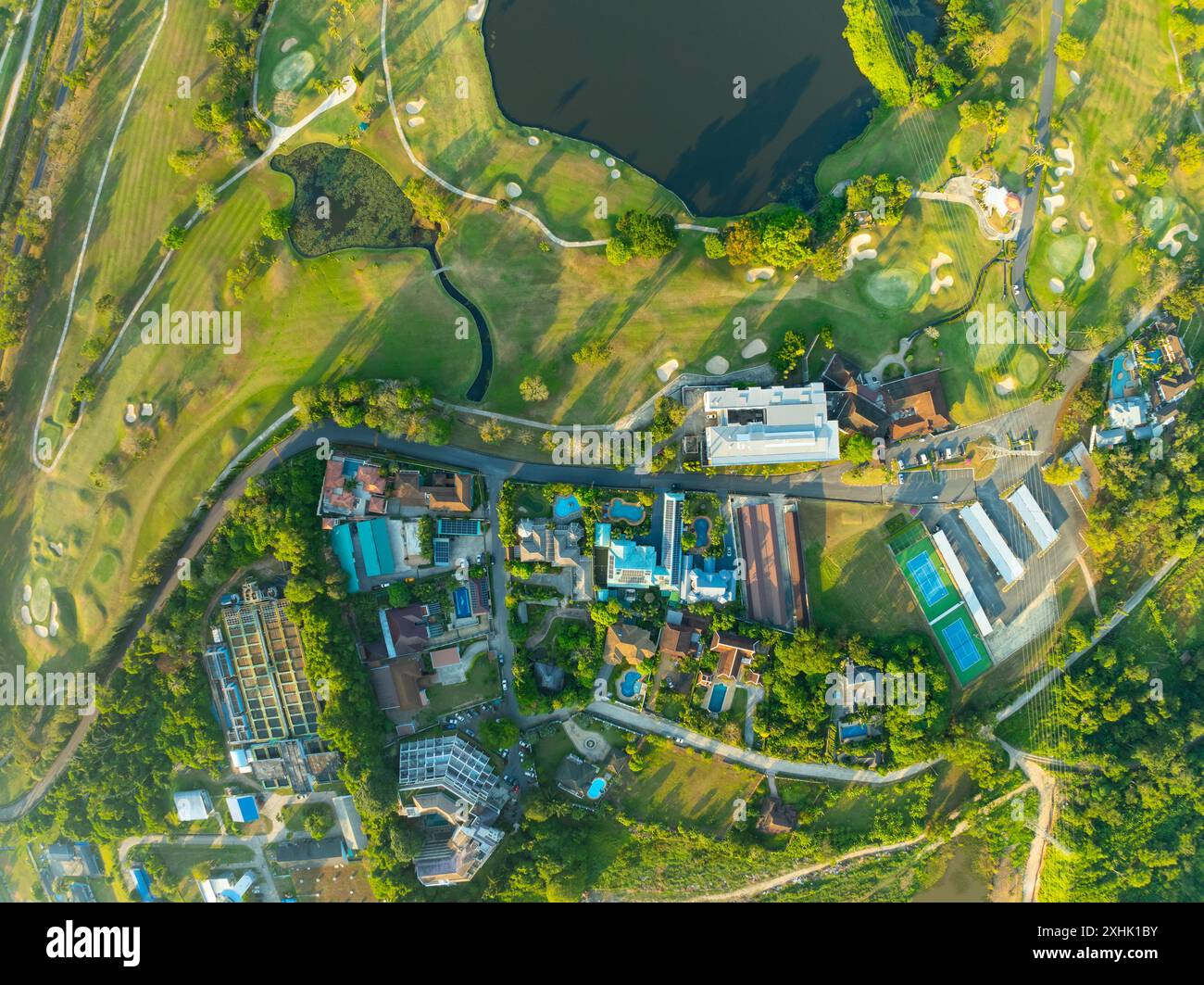 Aerial view drone shot of beautiful green golf field at Phuket island ...