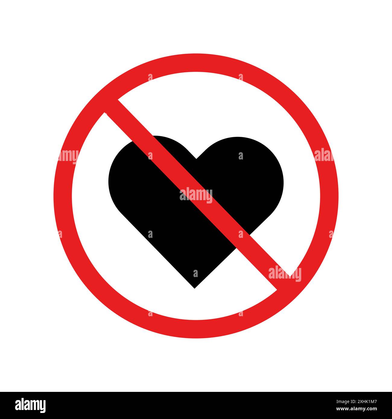 No heart icon. Vector prohibition sign. Black heart symbol crossed. Red ...