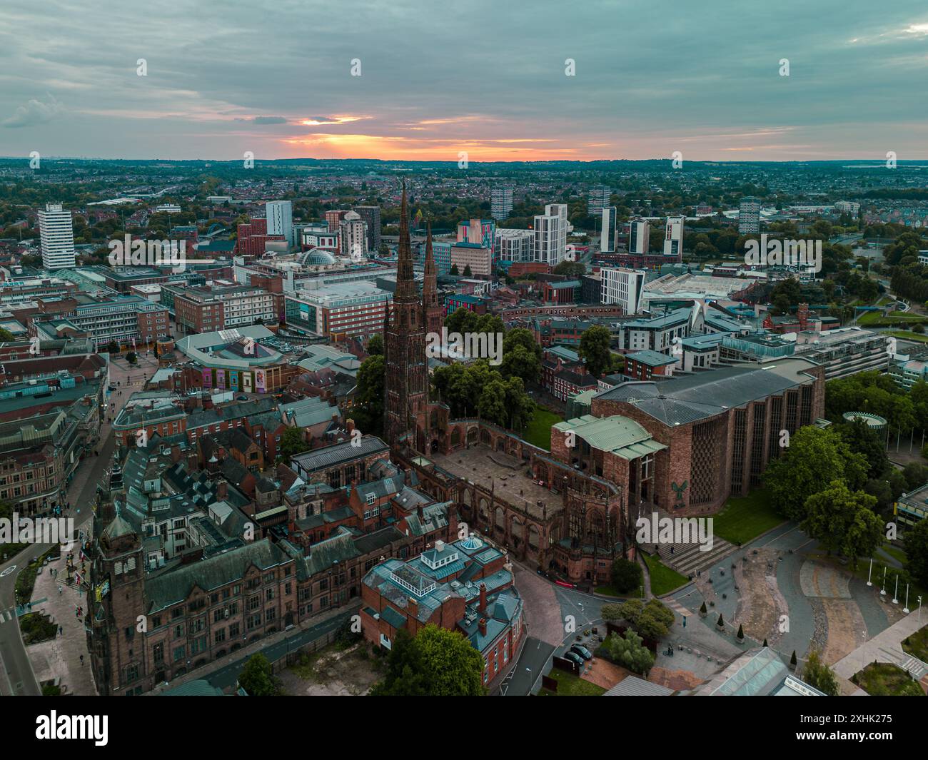 Aerial view of coventry city centre at sunset, showing coventry ...