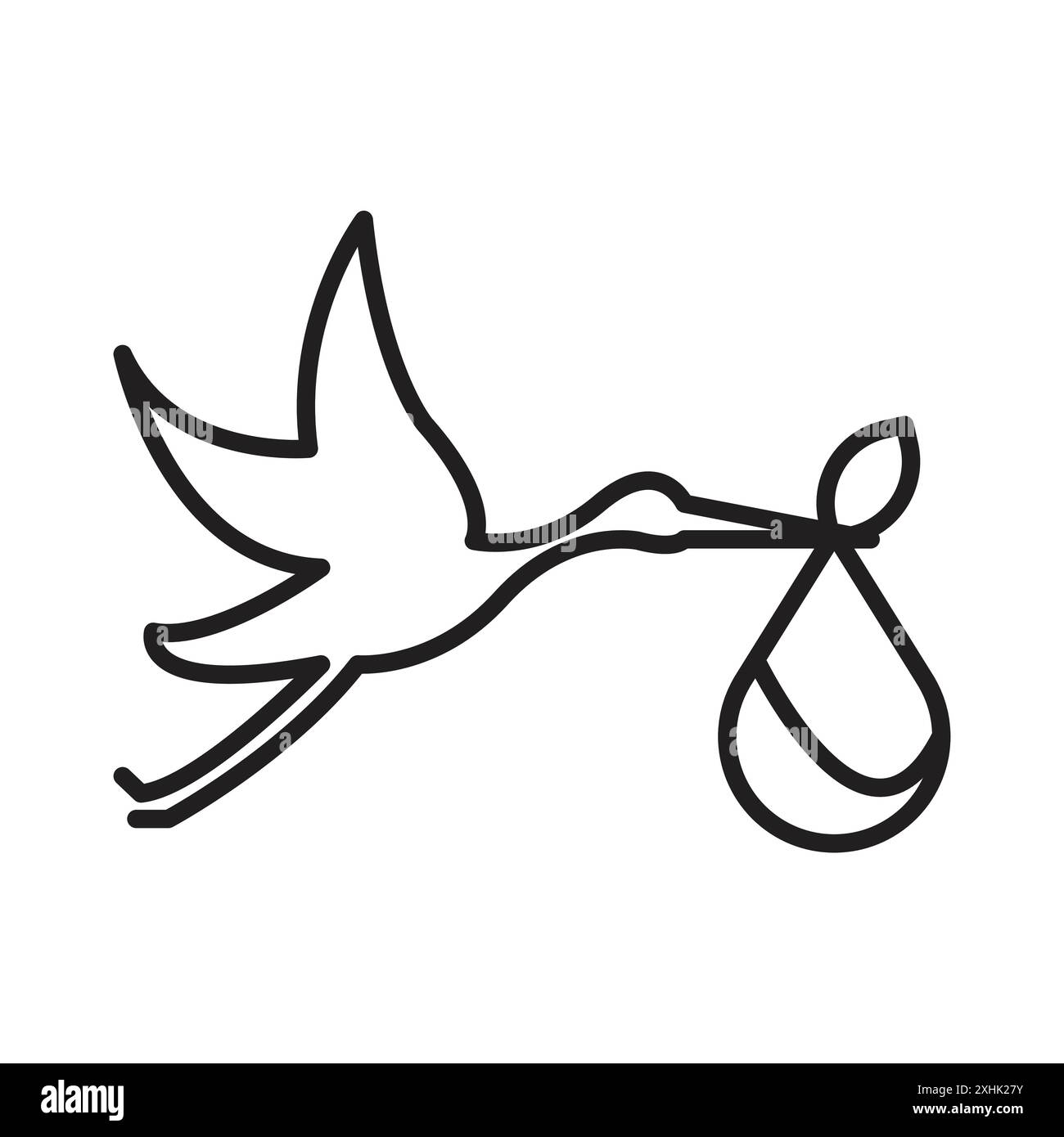 Stork with baby icon Black line art vector in black and white outline ...