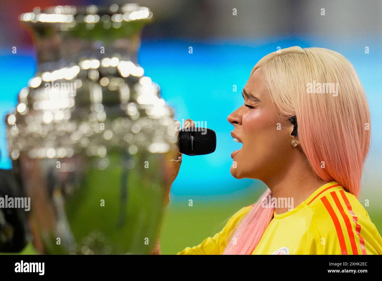 Colombian singer Karol G sings her national anthem prior to the Copa ...