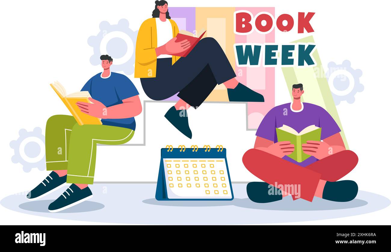 Book Week Events Vector Illustration with People Reading or Students ...