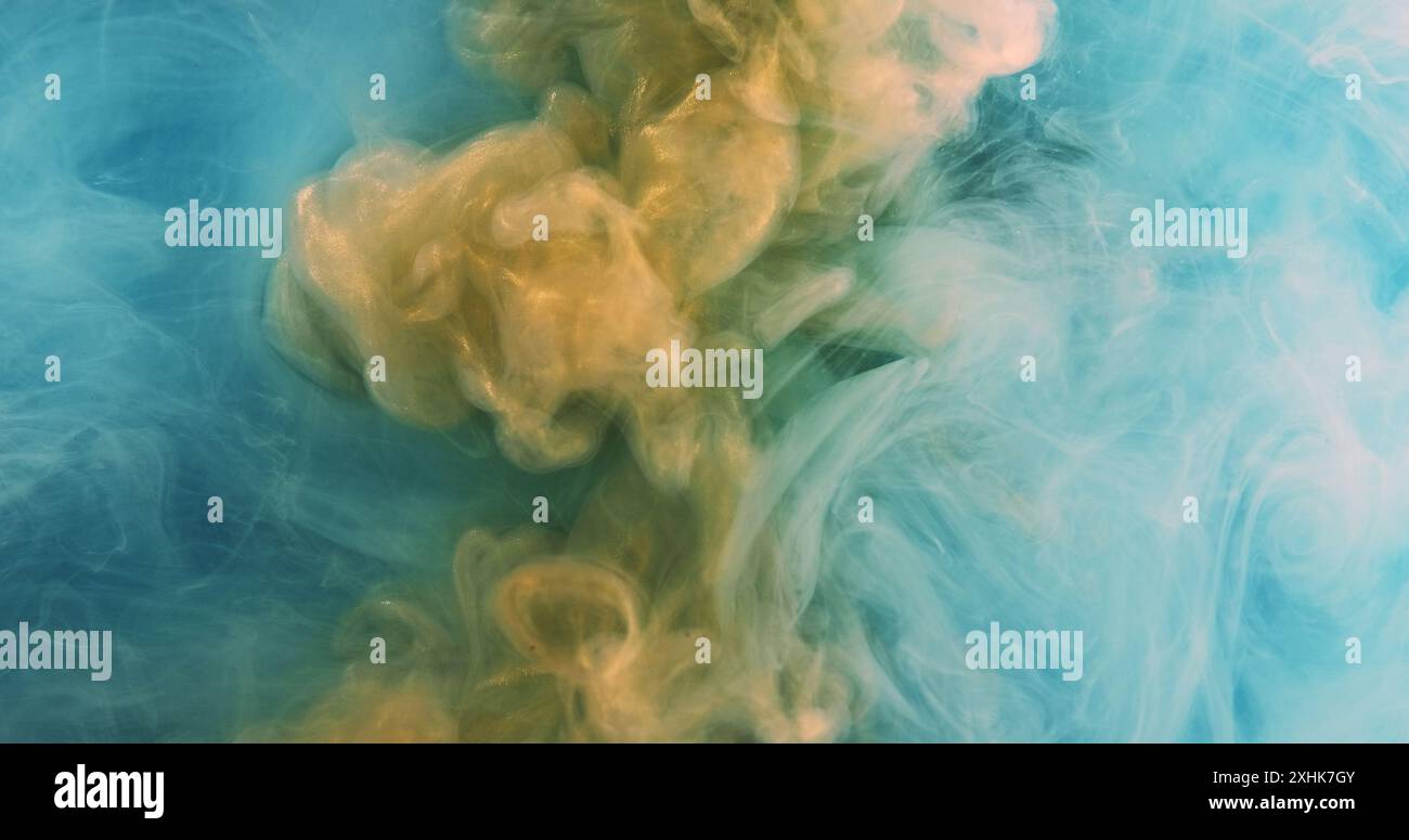 Smoke glitter. Shiny fog cloud. Smog ink paint. Fantasy golden yellow azure vapor shimmering ...