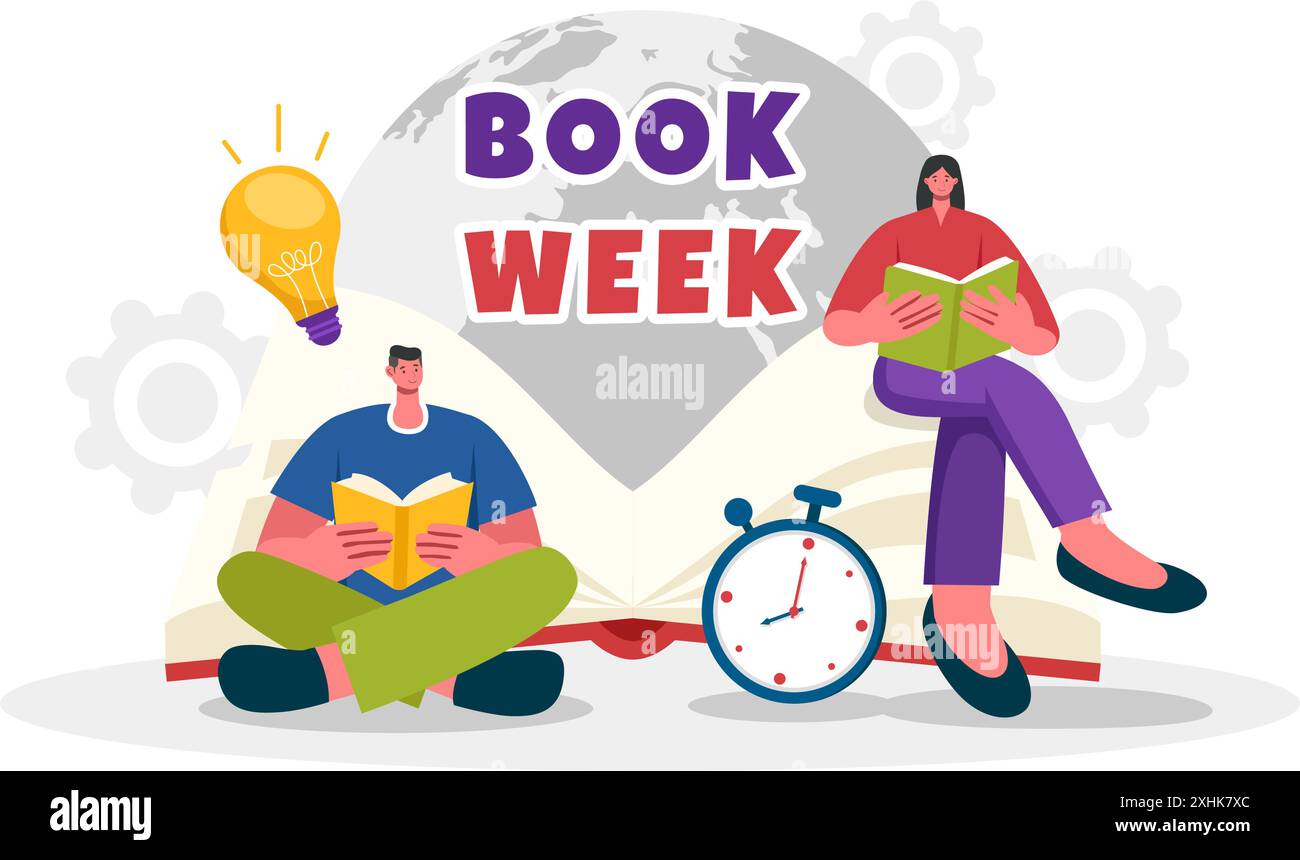 Book Week Events Vector Illustration with People Reading or Students ...