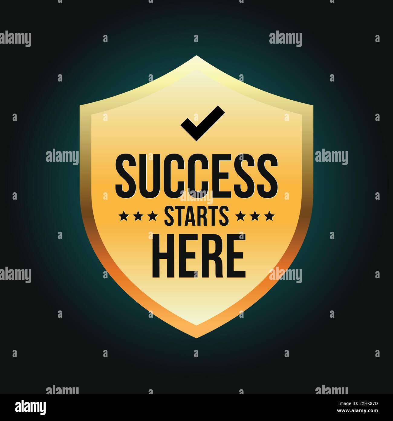 Success starts here symbol with text and gold shield. Minimalist, clean and shiny concept ...