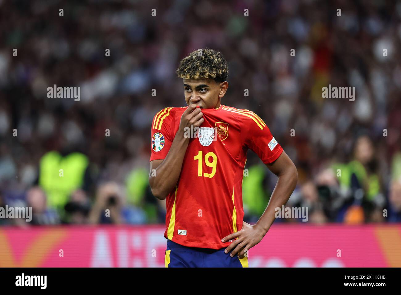 Berlin, Germany. 14th July, 2024. Lamine Yamal of Spain reacts during ...