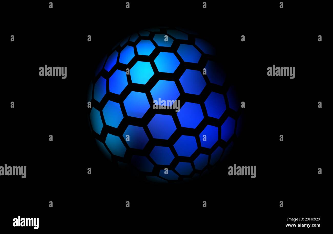 Blue neon hexagon pattern sphere. 3d halftone hemisphere concept. Grid globe futuristic element ...