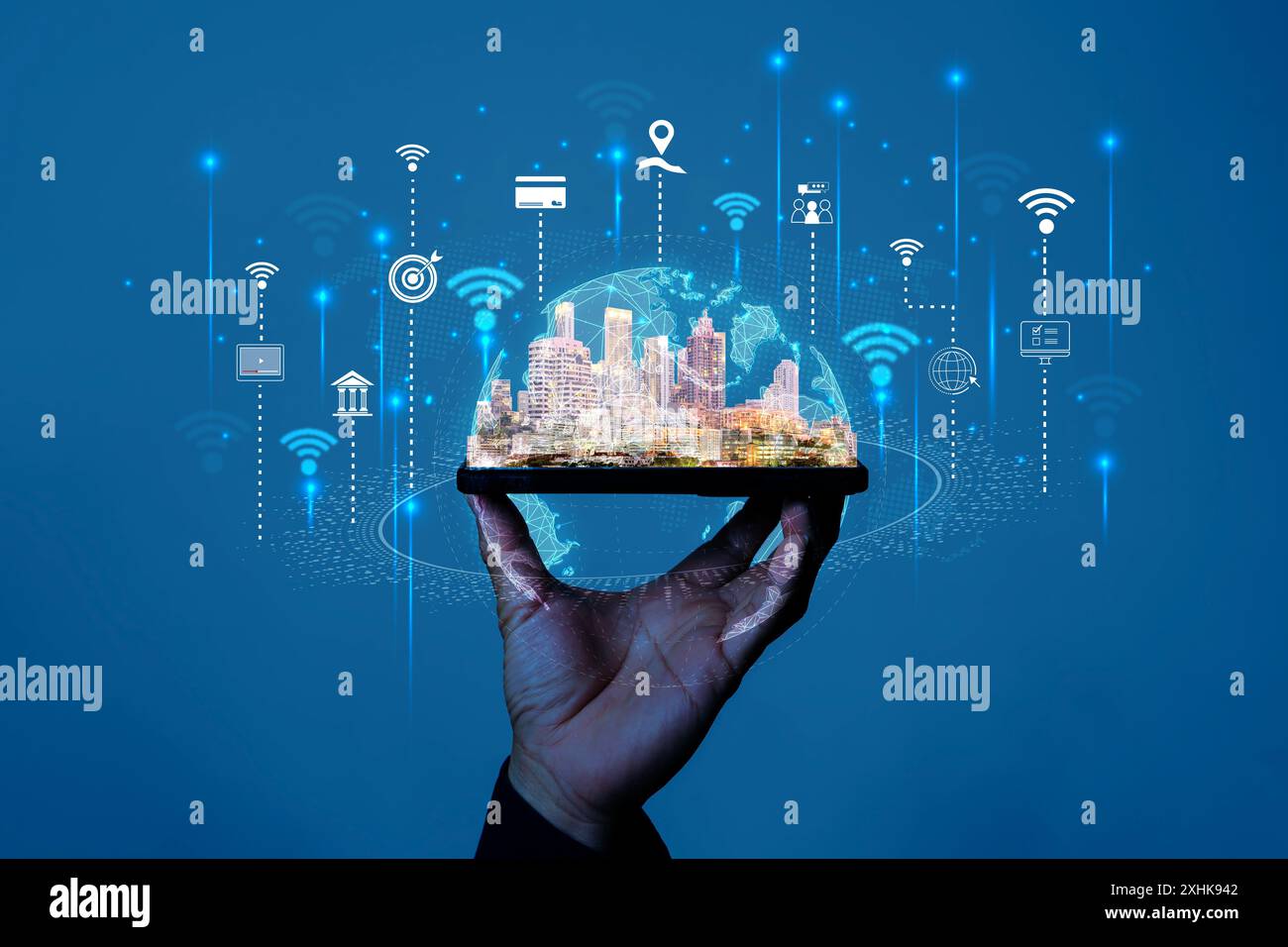 Smart city and Internet of things (IOT) on smartphone in hand, objects ...