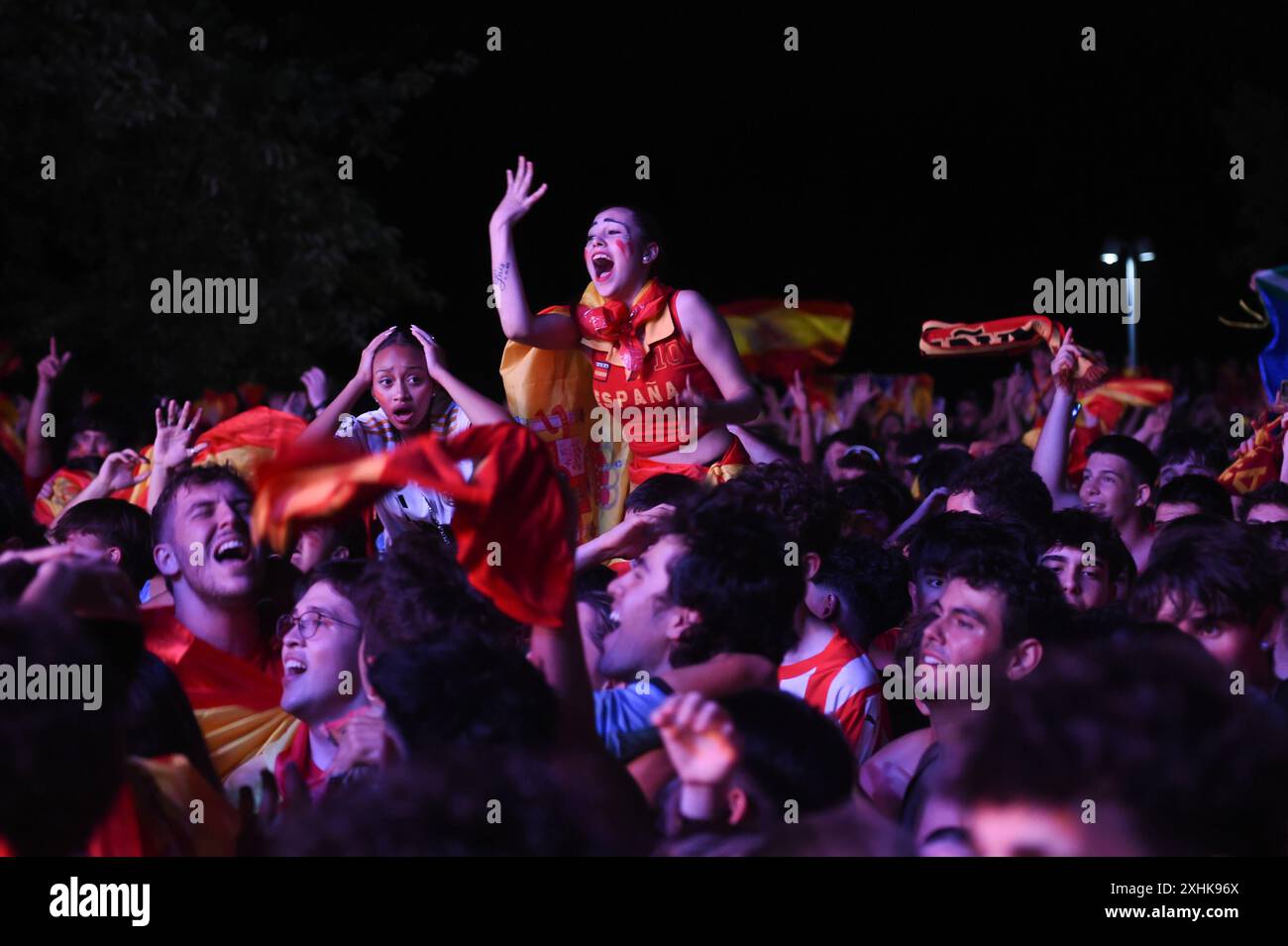 Madrid, Spain. 14th July, 2024. Supporters of Team Spain celebrate as ...