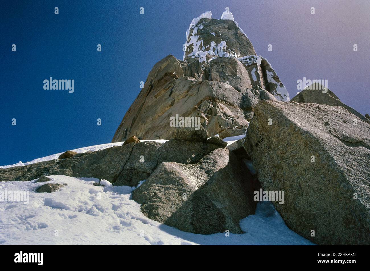 High up on the Maestri route on Cerro Torre, 3128 m, in Los Glaciares ...