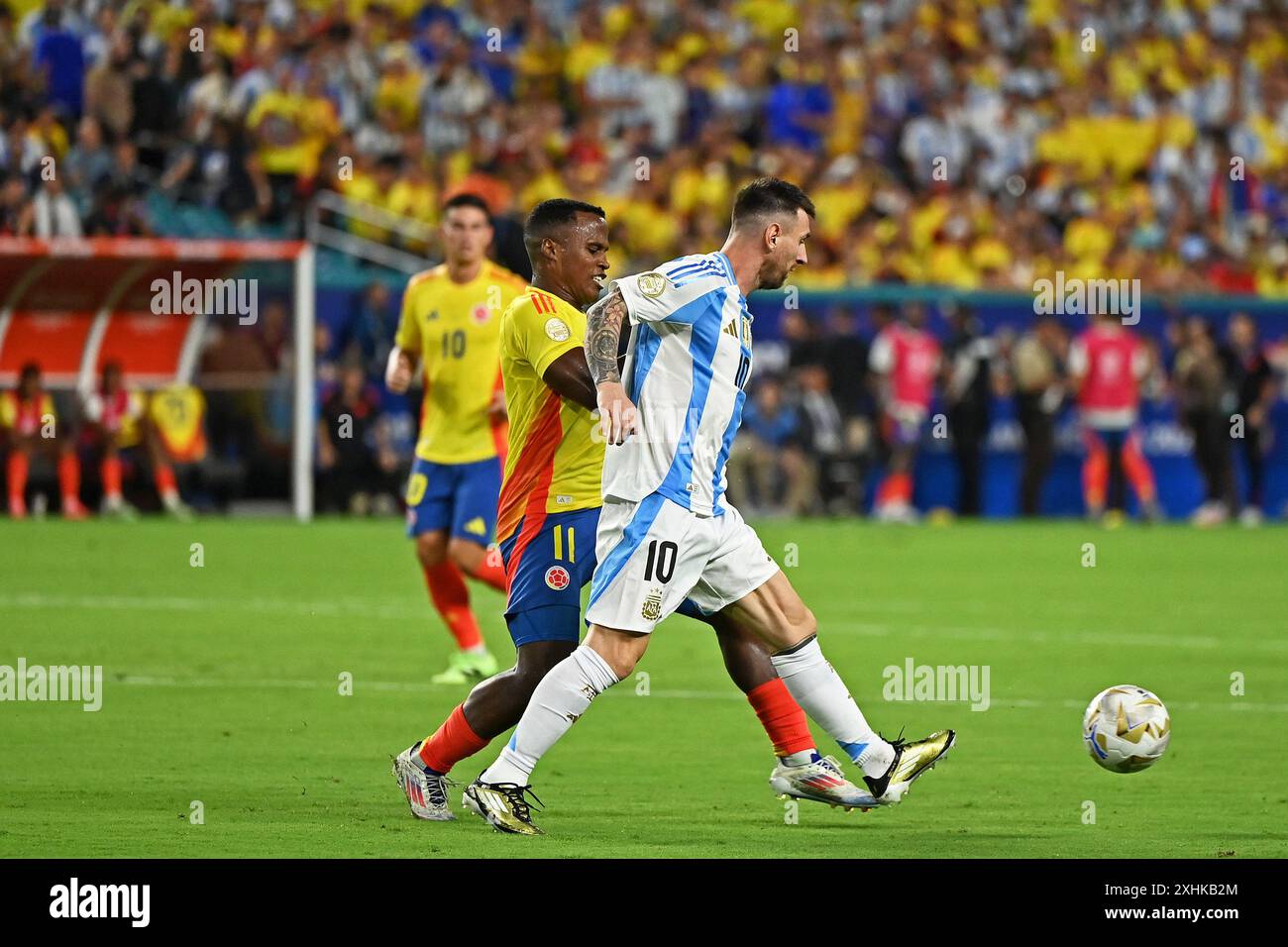14th July 2024: Miami Gardens, Florida, USA: Lionel Messi of Argentina challenges Jhon Arias of ...