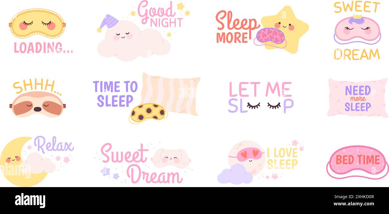 Dreaming masks stickers. Sleeping accessories and text, sleep prints ...