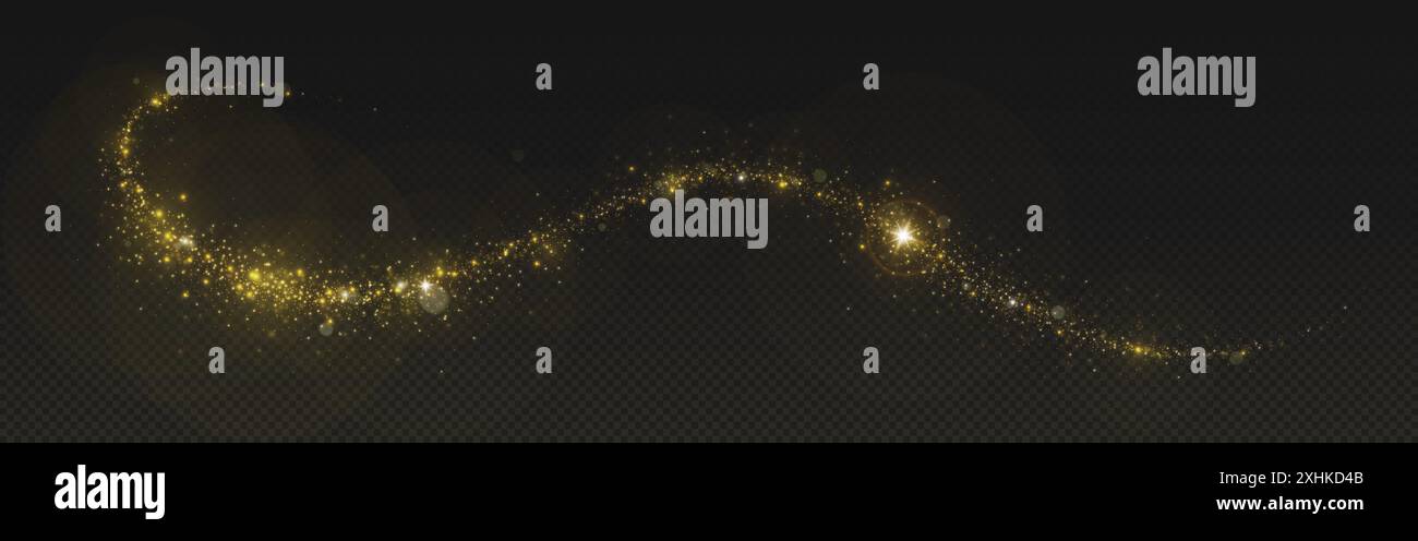 Magic gold dust trail with star shaped sparkles on dark transparent ...