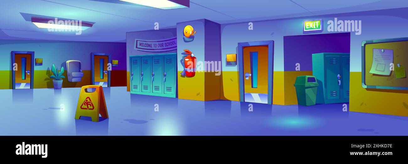 Empty dark school corridor at night. Cartoon vector evening education ...