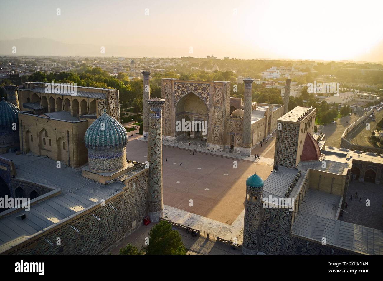 Aerial view of Registan Square in Samarkand Uzbekistan during sunset ...