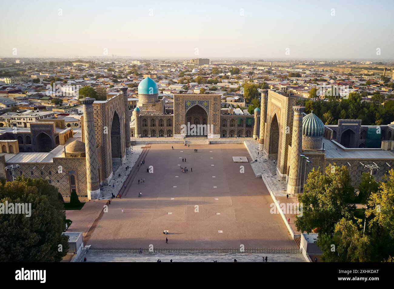 Aerial view of Registan Square in Samarkand Uzbekistan during sunset ...