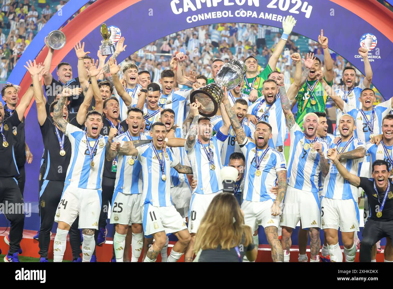 Miami, United States. 15th July, 2024. Lionel Messi lifts up the trophy ...