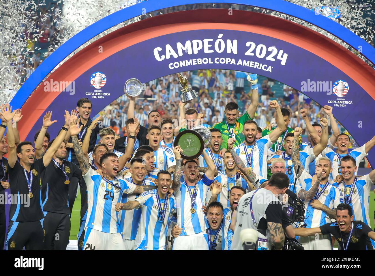 Miami, United States. 15th July, 2024. Lionel Messi lifts up the trophy ...
