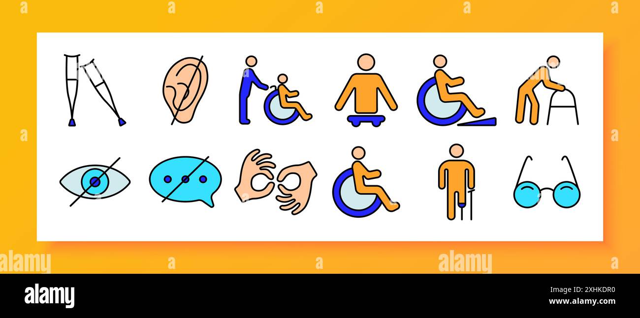 Disability set icon. Crutches, hearing impairment, wheelchair, walker ...