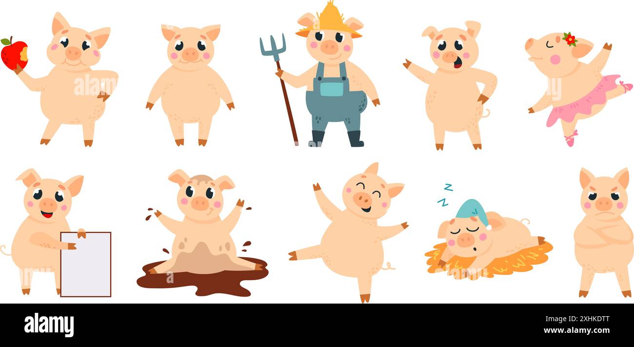 Cute pigs. Cartoon funny pigs in different poses. Animals sleep dancing ...
