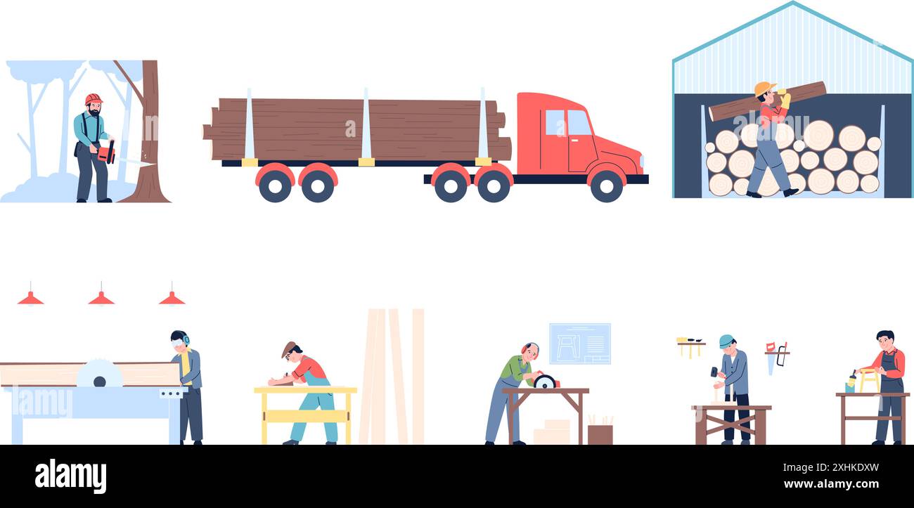 Woodwork process. Making wood furniture step by step. Lumberjack ...