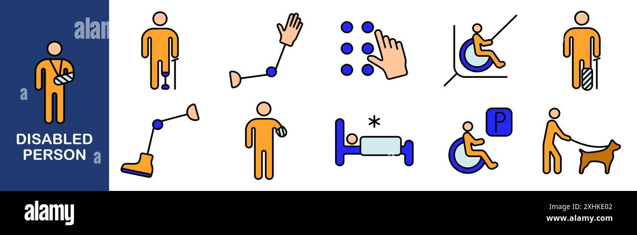 Disabled person set icon. Cast, prosthetic, braille, wheelchair ...
