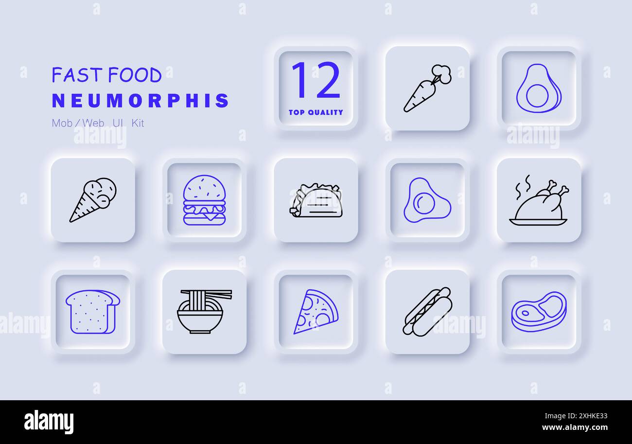 Fast food set icon. Ice cream, burger, taco, pizza, hot dog, ramen ...