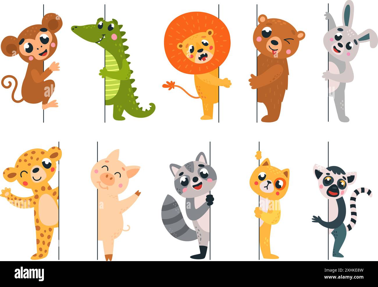 Wild animals peeking. Animal peeping out vertical lines, look out and welcomes. Cartoon ...