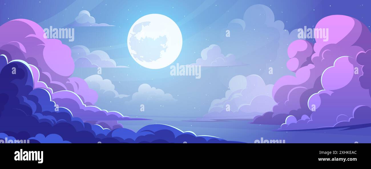 Night blue and purple gradient starry sky with full moon and fluffy ...