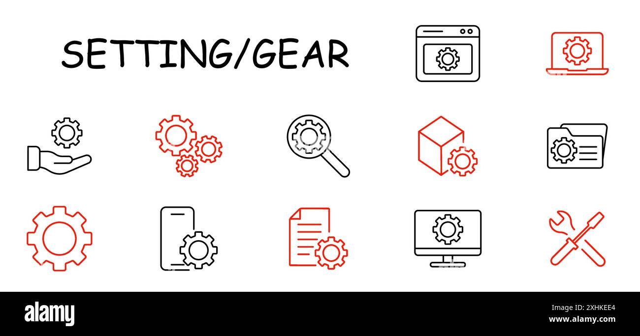 Setting gear set icon. Gear, hand, magnifying glass, computer, phone, wrench, folder, cube ...