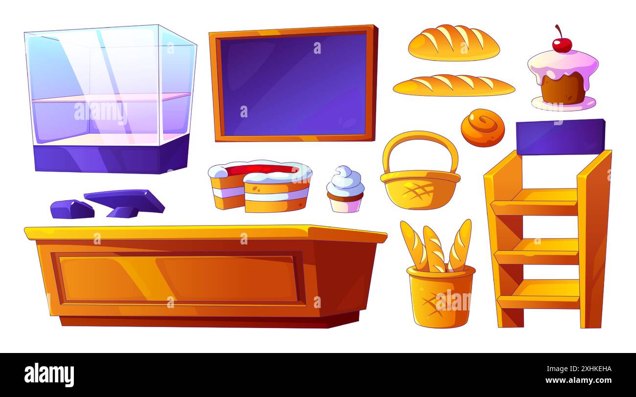 Bakery interior furniture and products. Cartoon vector illustration set ...